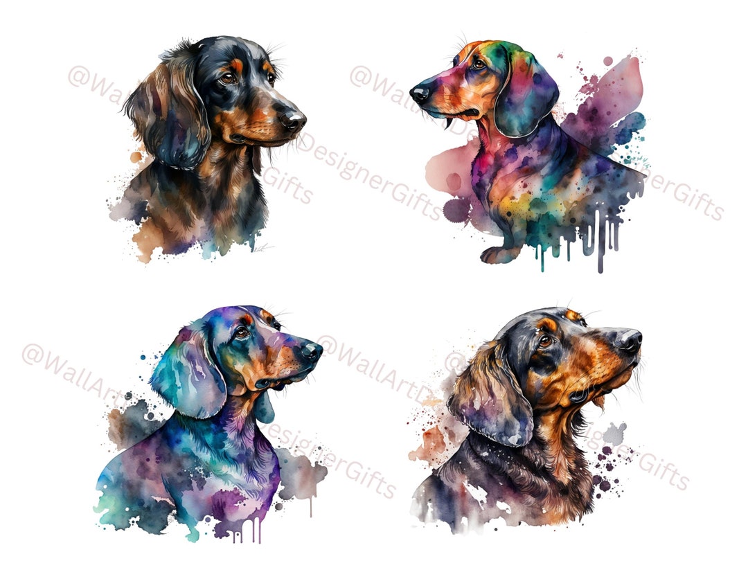 Dachshund Doge Watercolor Art Print Clipart, 4 Dogs Nursery Decor High ...