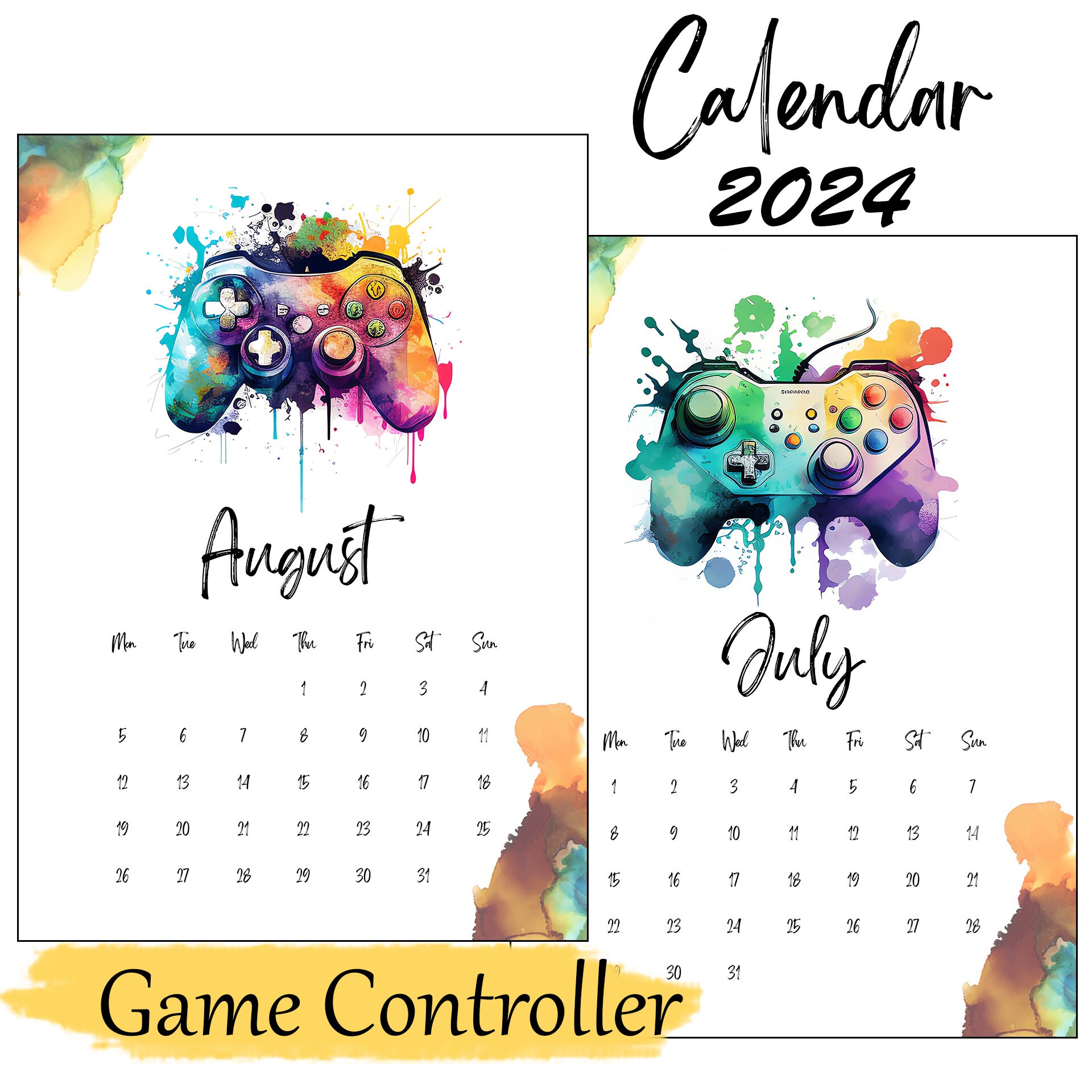 2024 Illustrated Watercolor Game Controller Calendar Printable A4 ...