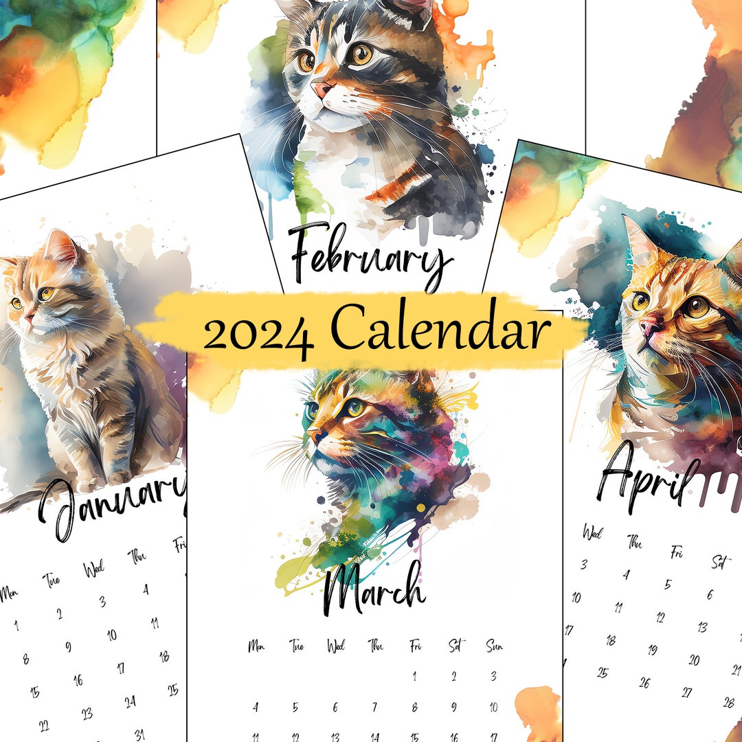 2024 Illustrated Watercolor Cats Calendar Printable A4 & Letter Size ...