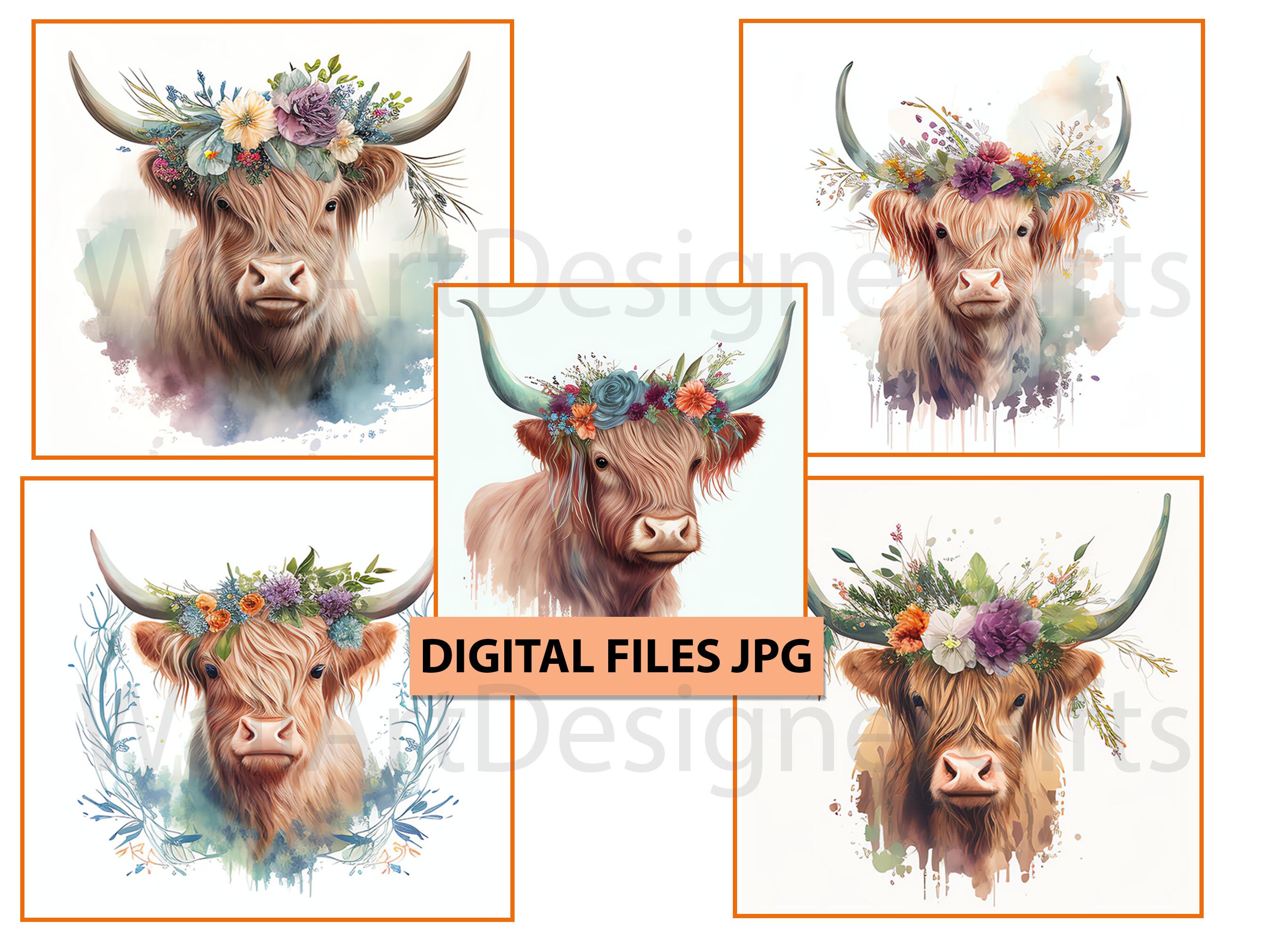 20 Highland Cow Flower Crown Clipart JPG Bundle, Full Commercial Use ...