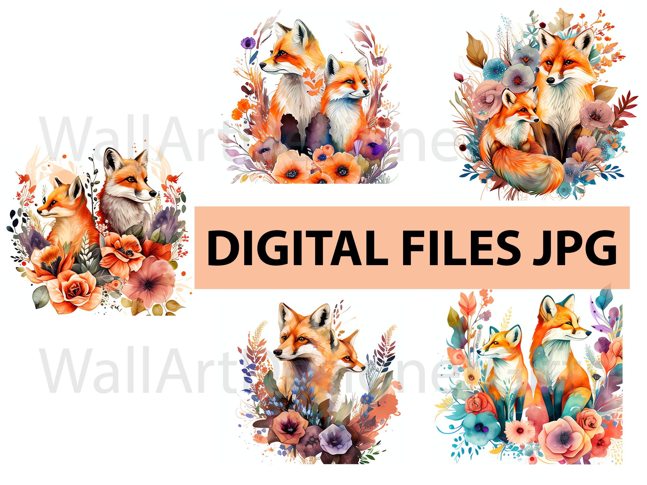 20 Floral Foxes Clipart JPG Bundle, Full Commercial Use, Cute Baby ...