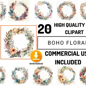 Boho Floral Floral Wreath Clipart 20 Watercolor Flowers JPG Bundle ...