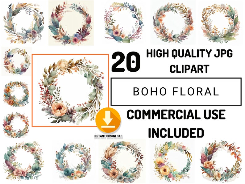 Boho Floral Floral Wreath Clipart 20 Watercolor Flowers JPG Bundle ...