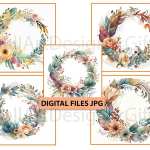 Boho Floral Floral Wreath Clipart 20 Watercolor Flowers JPG Bundle ...
