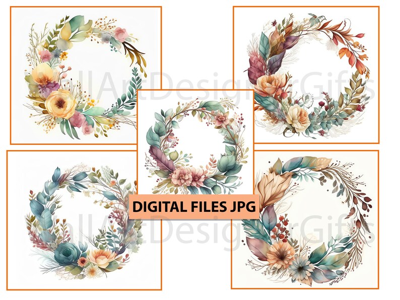 Boho Floral Floral Wreath Clipart 20 Watercolor Flowers JPG Bundle ...