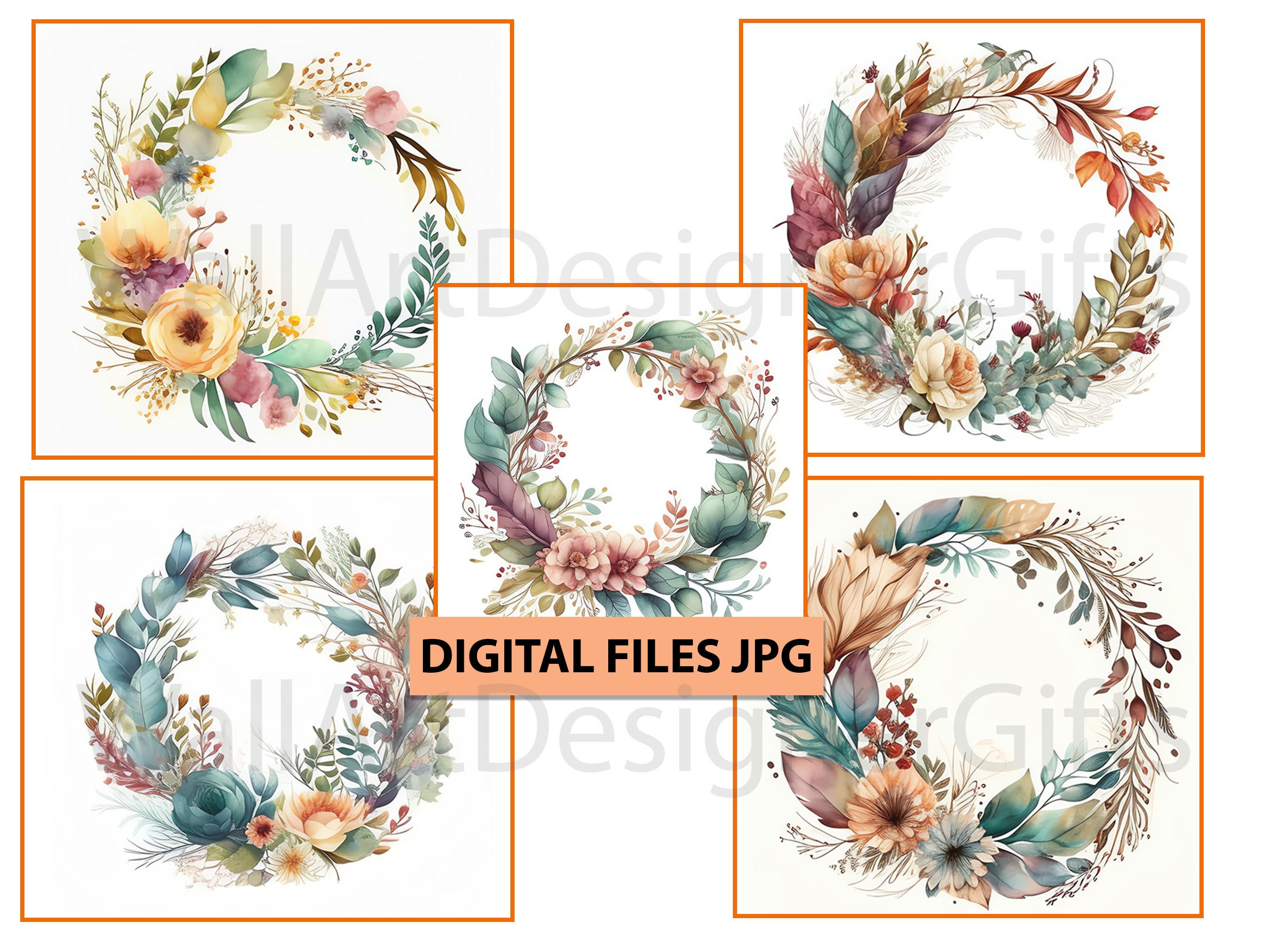 Boho Floral Floral Wreath Clipart 20 Watercolor Flowers JPG Bundle ...