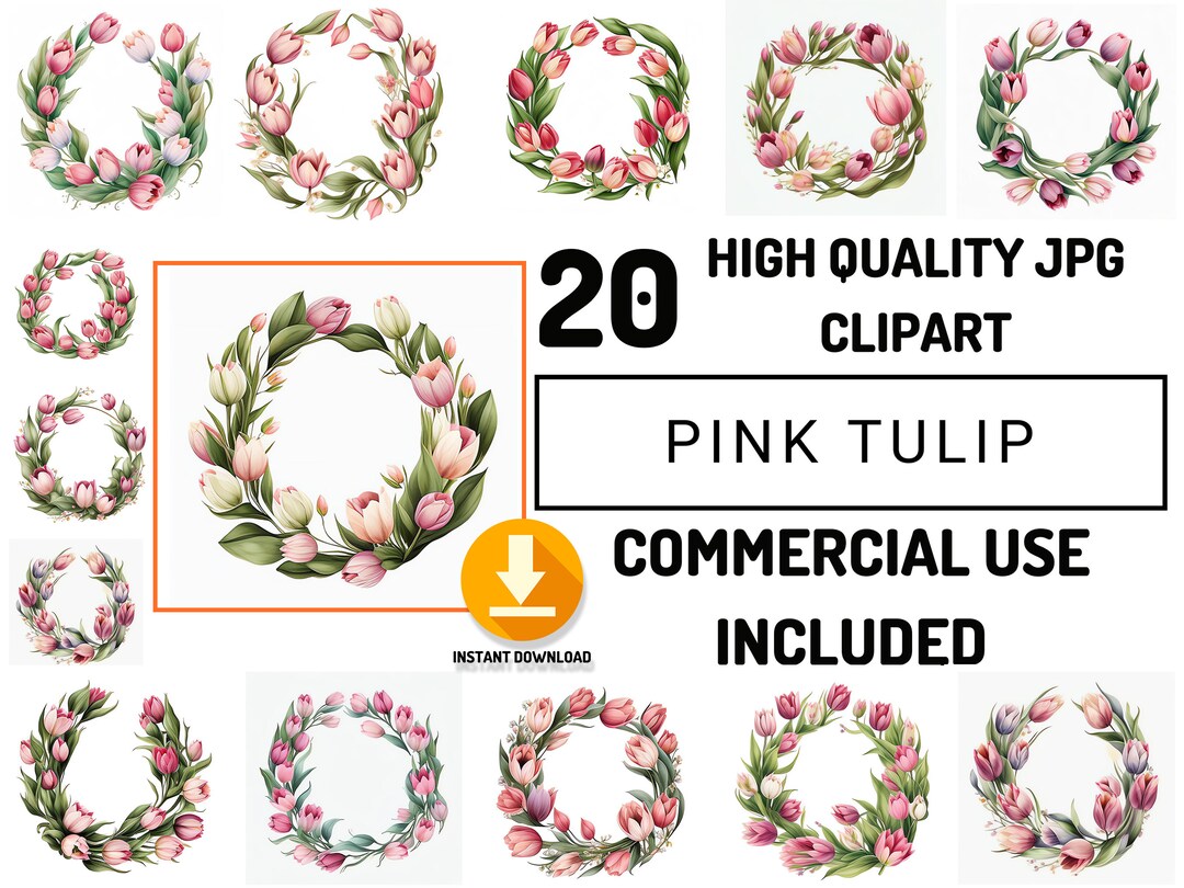 Pink Tulip Floral Wreath Clipart 20 Watercolor Flowers JPG Bundle, Full ...