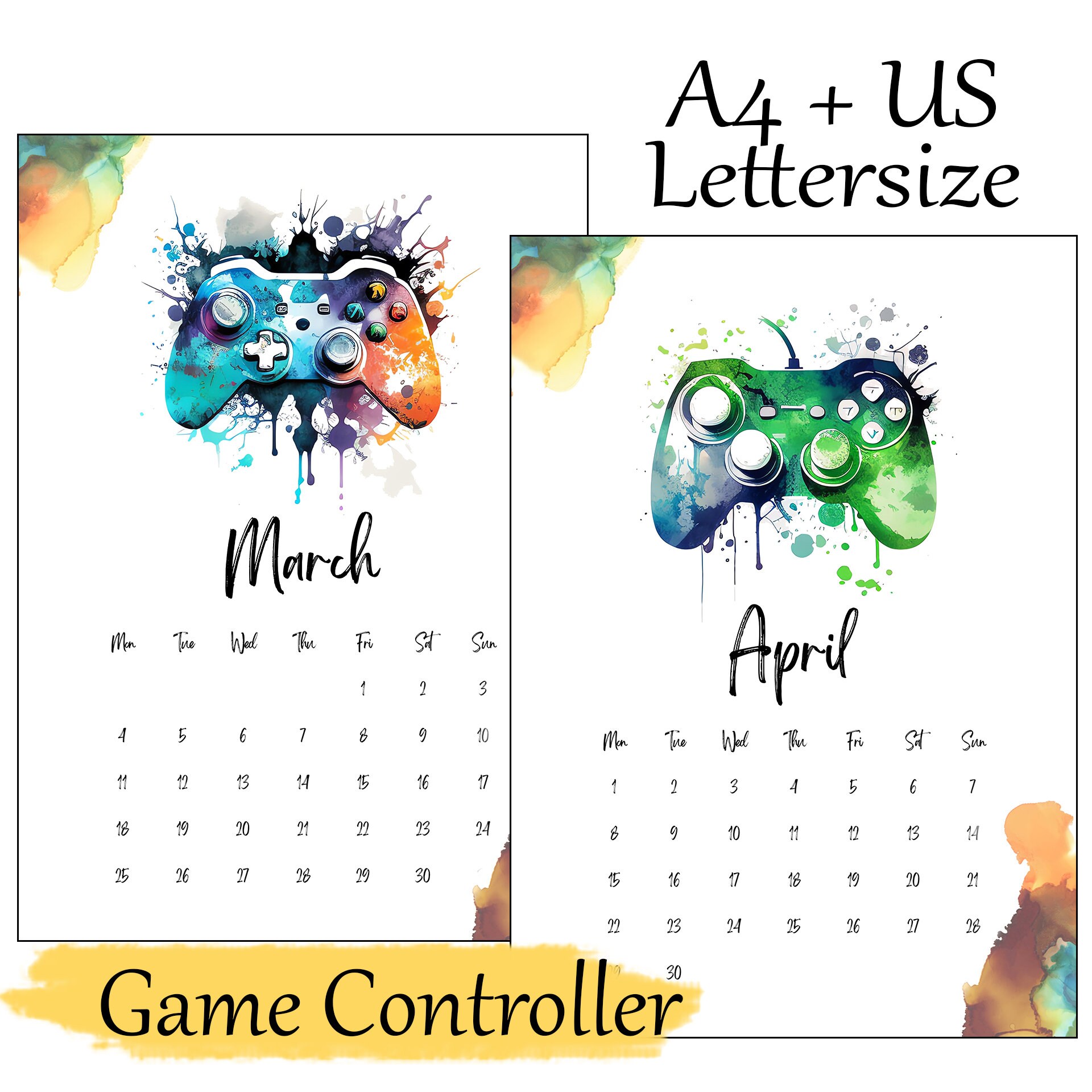 2024 Illustrated Watercolor Game Controller Calendar Printable A4 ...