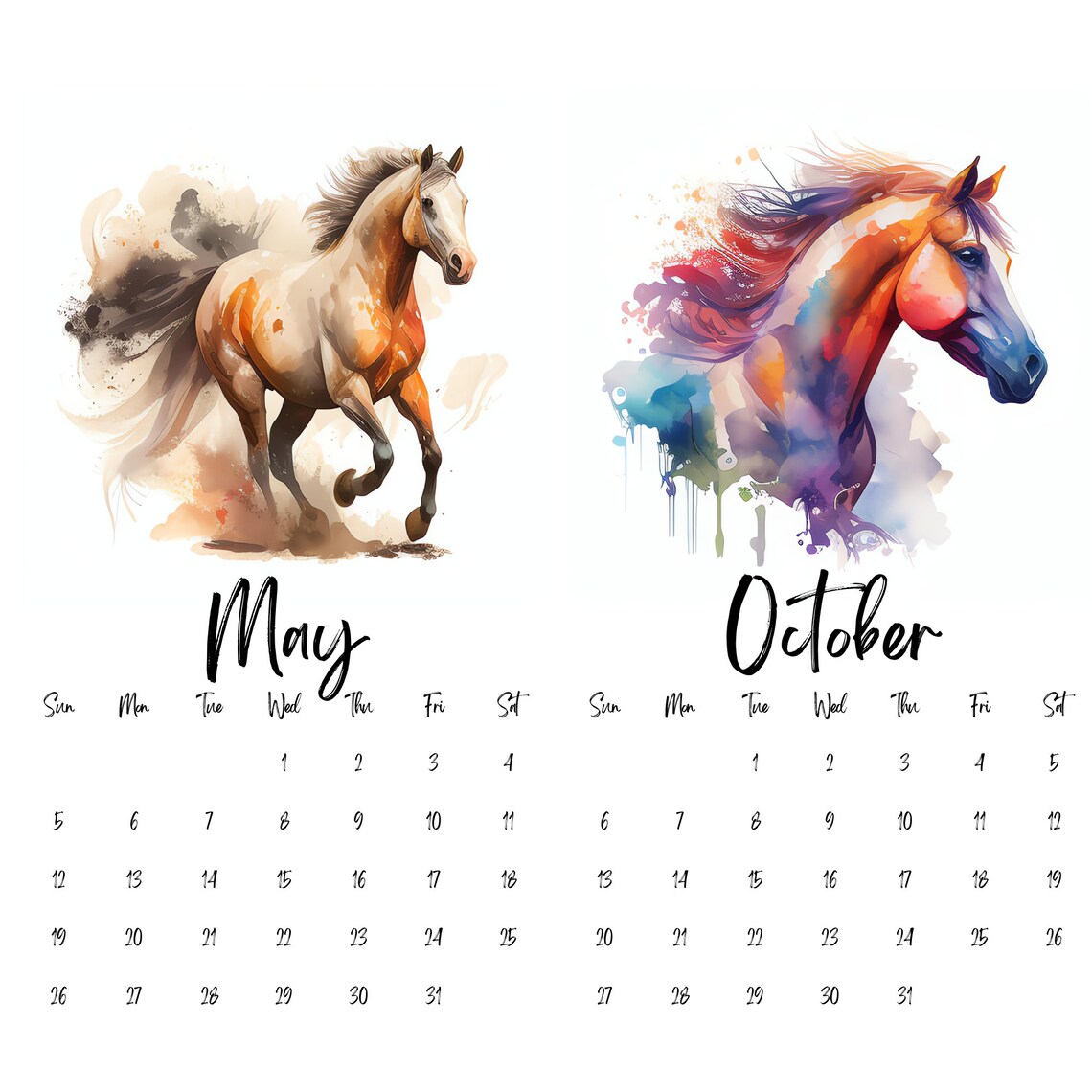 2024 Illustrated Watercolor Horse Calendar | Printable A4 & Letter Size ...