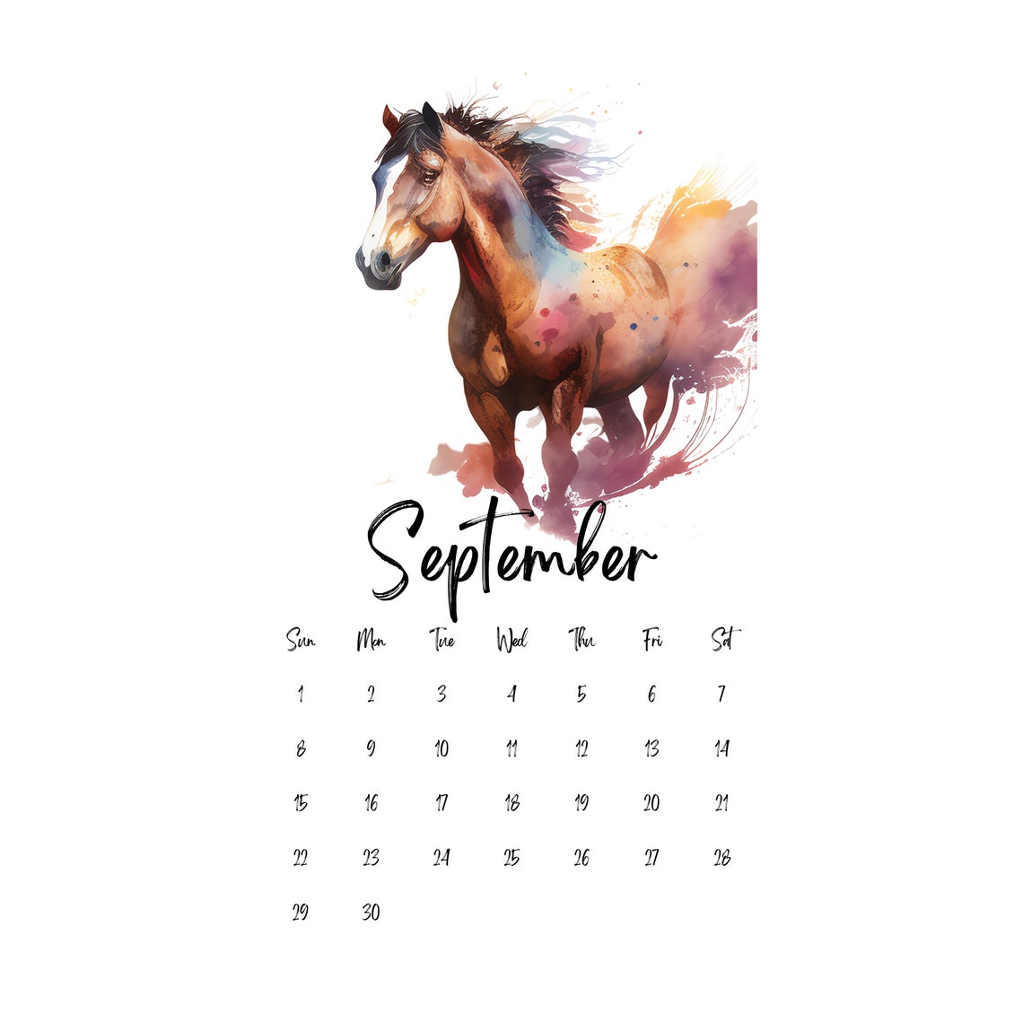 2024 Illustrated Watercolor Horse Calendar | Printable A4 & Letter Size ...