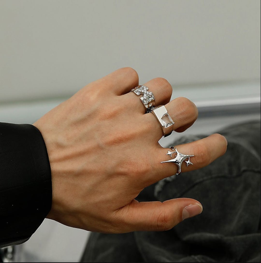 Silver Chunky Rings Set 3pc Gothic Adjustable Everyday Silver Ring ...