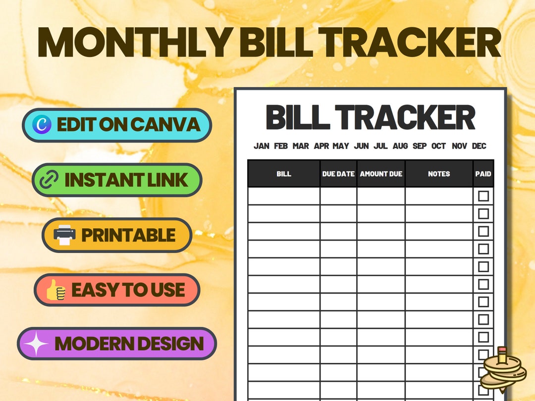 Monthly Bill Tracker, Editable Template, Bill Planner, 1 Page Printable ...