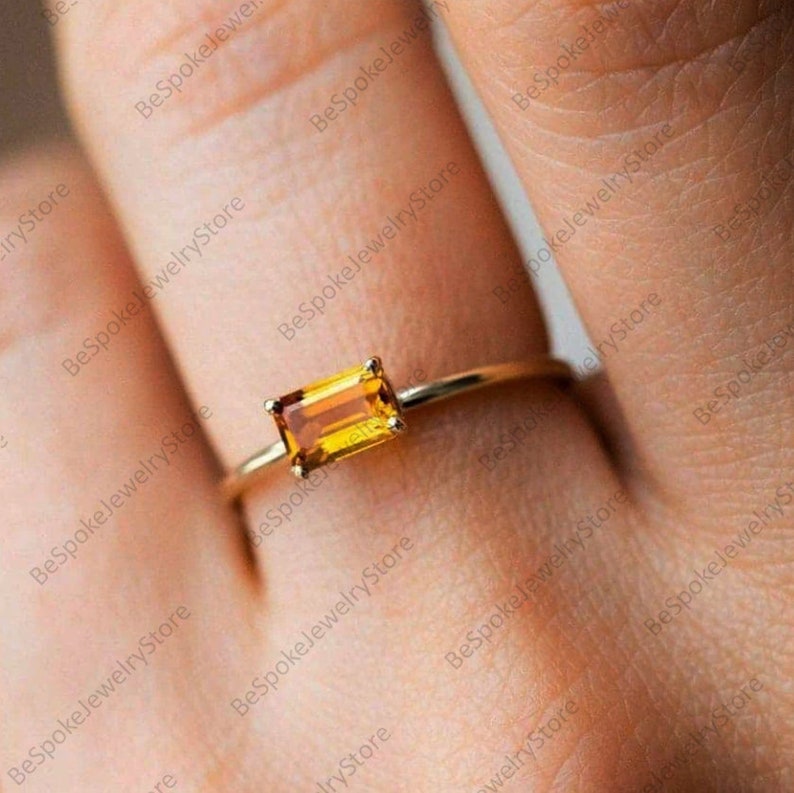 14k Solid Gold Citrine Ring, Engagement Ring, Baguette Gemstone, Dainty ...