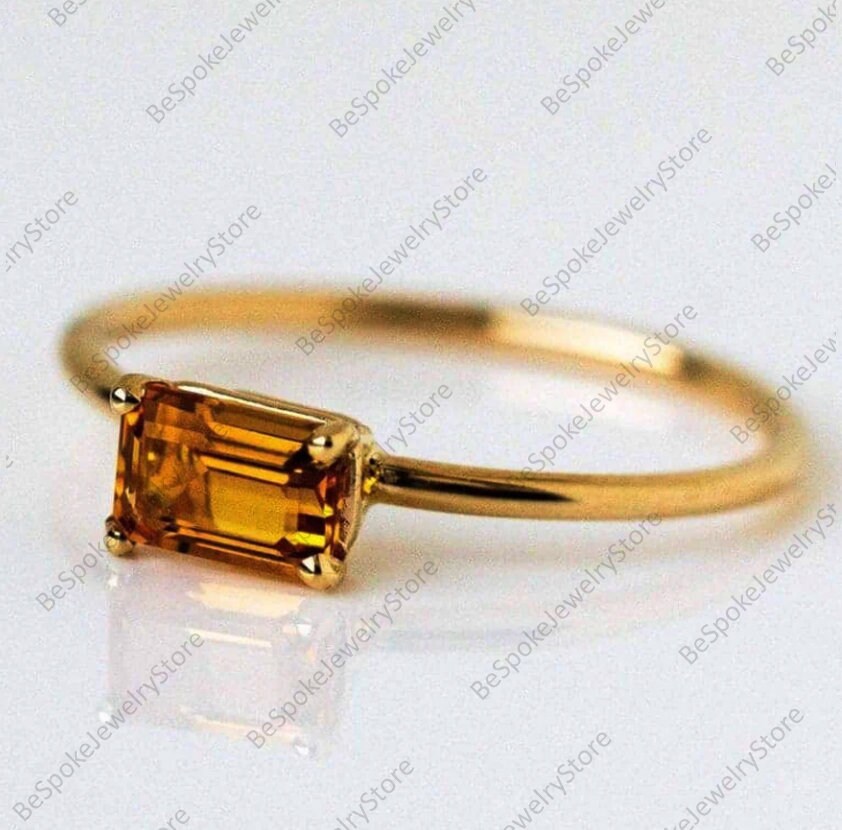 14k Solid Gold Citrine Ring, Engagement Ring, Baguette Gemstone, Dainty ...