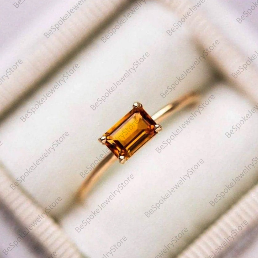 14k Solid Gold Citrine Ring, Engagement Ring, Baguette Gemstone, Dainty ...