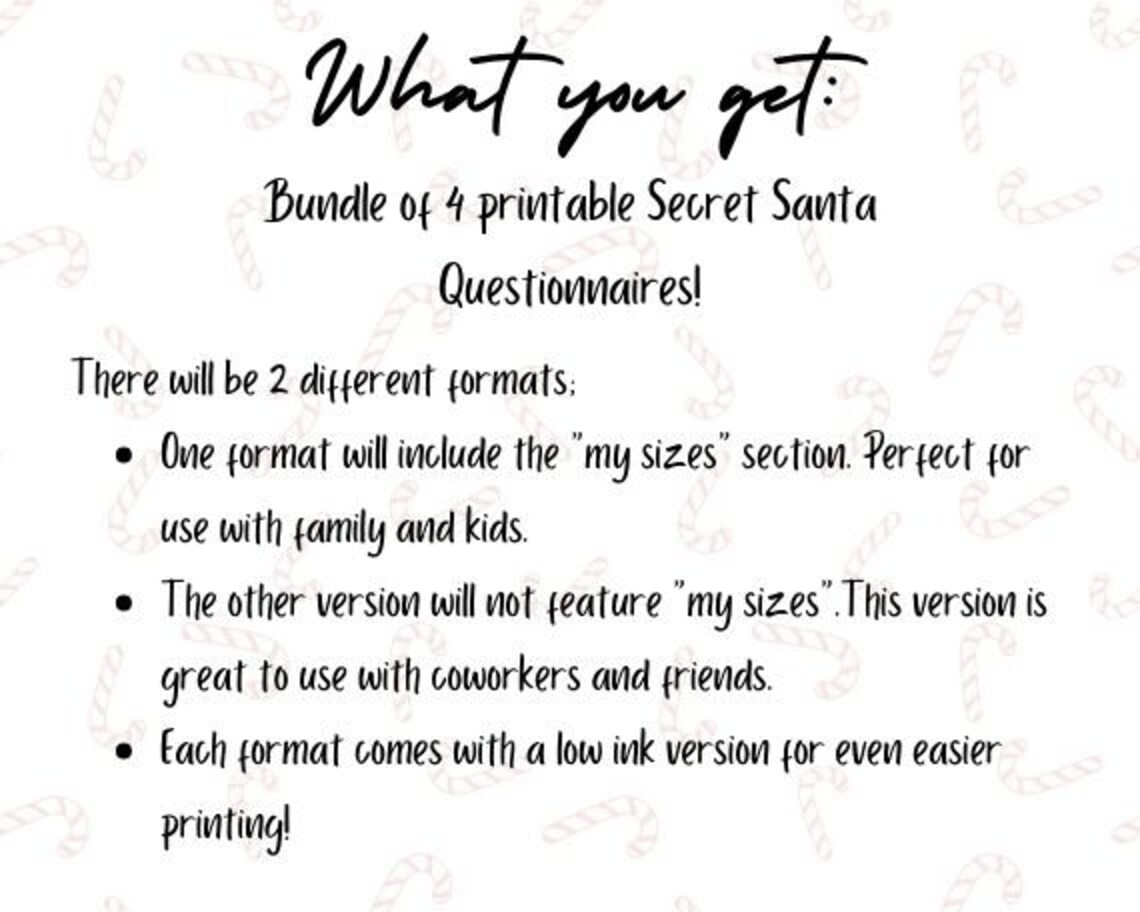 PRINTABLE Secret Santa Questionnaire, Christmas Wishlist, PDF, Holiday ...