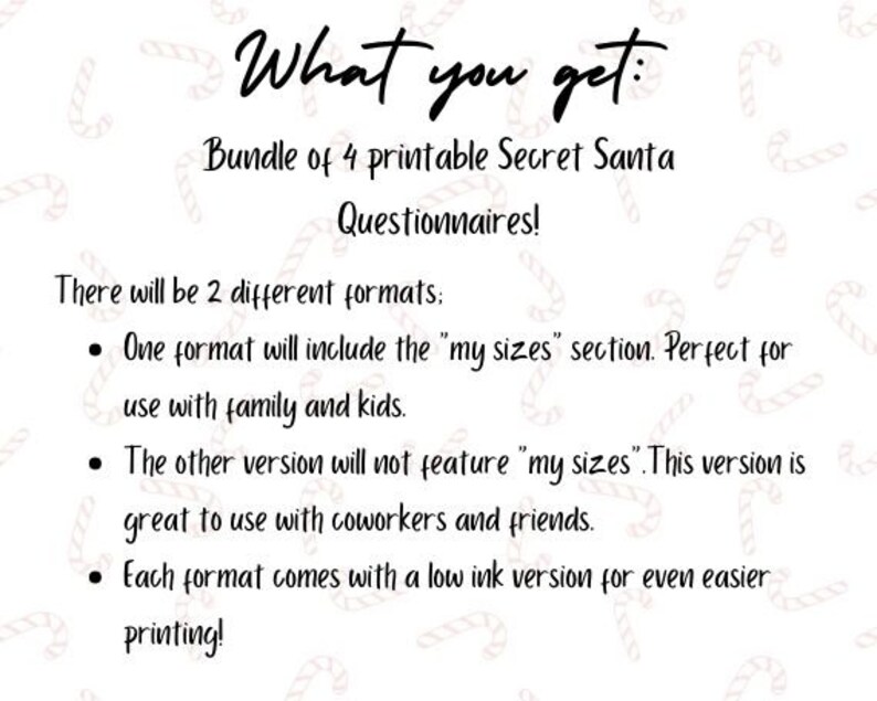 PRINTABLE Secret Santa Questionnaire, Christmas Wishlist, PDF, Holiday ...