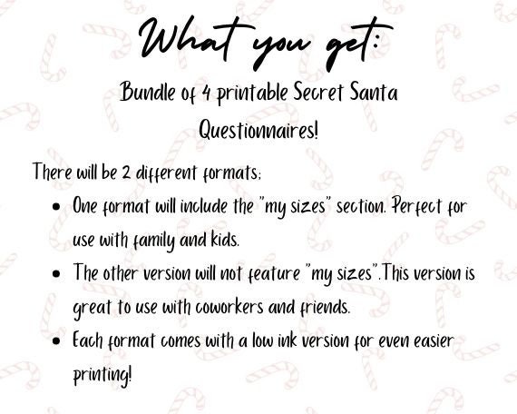 PRINTABLE Secret Santa Questionnaire, Christmas Wishlist, PDF, Holiday ...