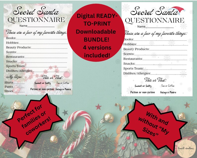 PRINTABLE Secret Santa Questionnaire, Christmas Wishlist, PDF, Holiday ...