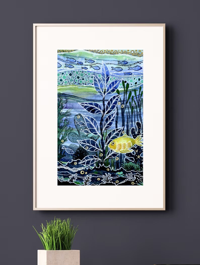 Fish Shoal Art Print, Underwater Coral Seaweed Painting, Abstract Blue ...