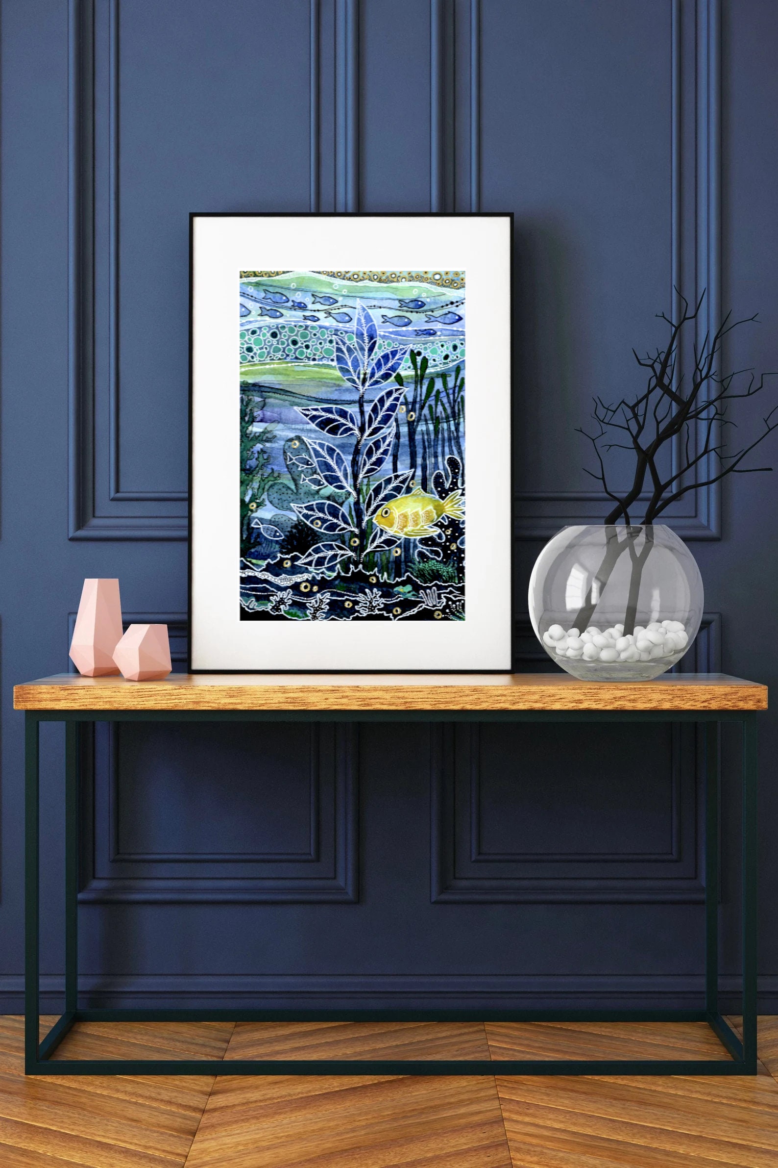 Fish Shoal Art Print, Underwater Coral Seaweed Painting, Abstract Blue ...