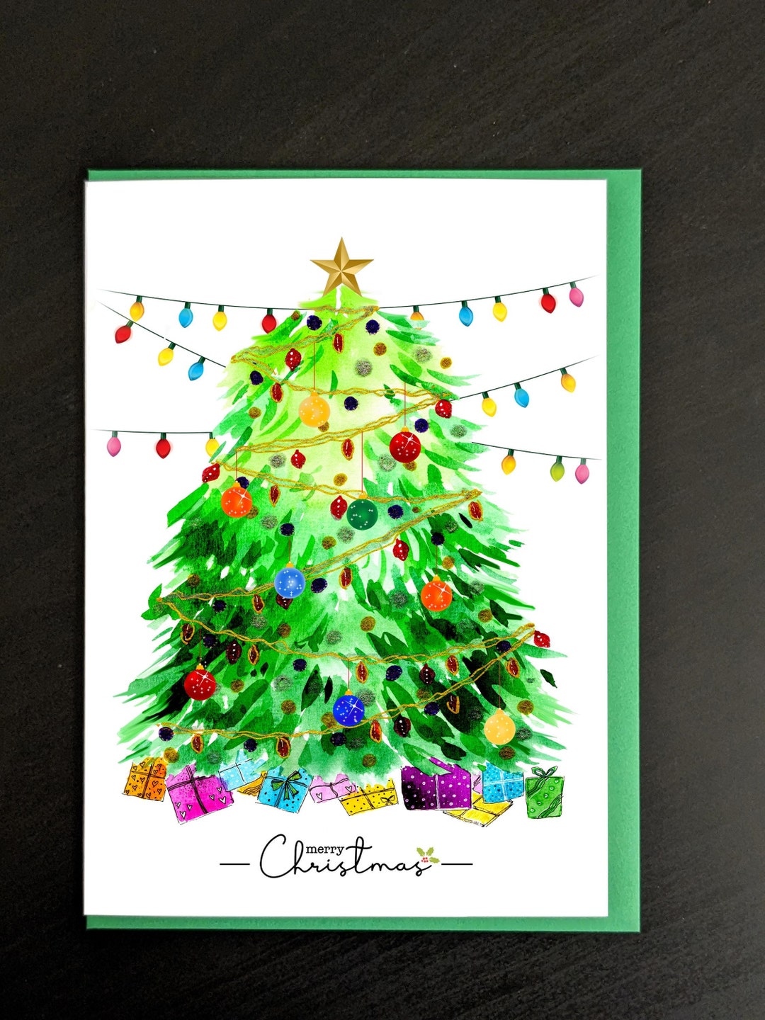 Handmade Watercolor Christmas Tree Greeting Card, 5"x 7" Holiday Cards ...