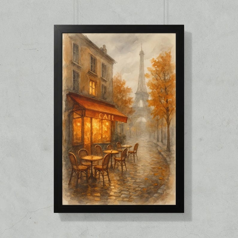 Autumn Paris Wall Art - Cozy French Cafe With Eiffel Tower - Etsy