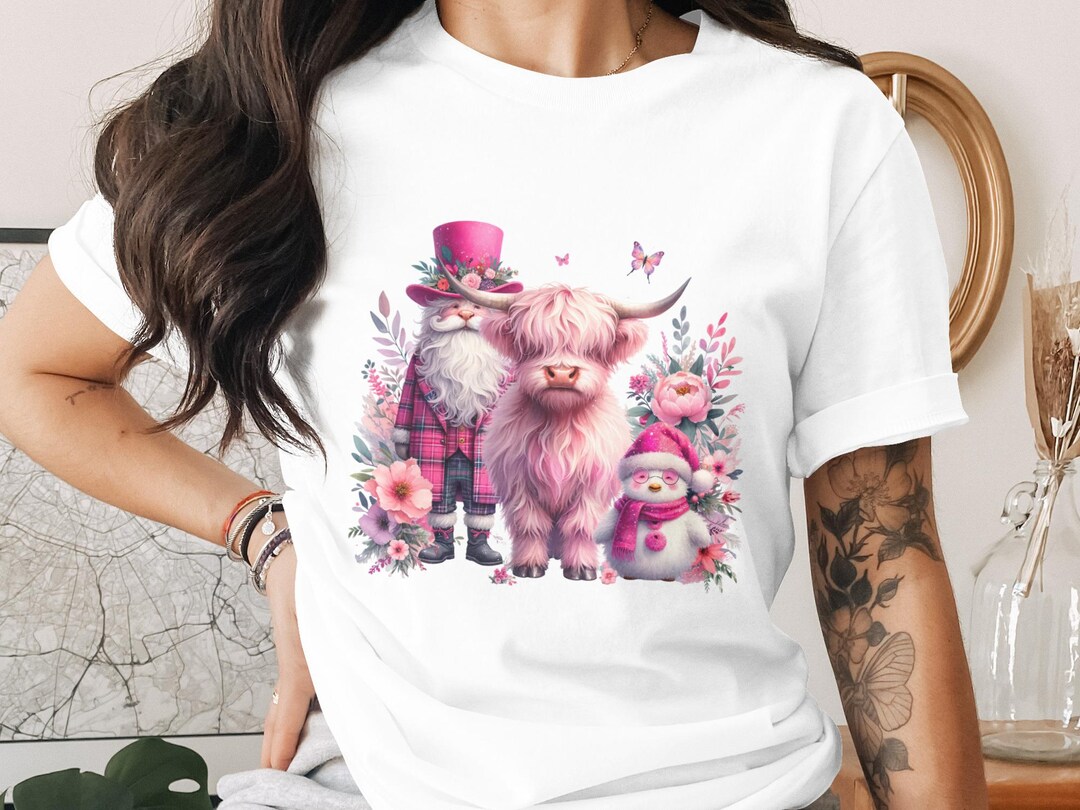 Pink Highland Cow Christmas Art: Santa, Penguin & Floral Design - Etsy