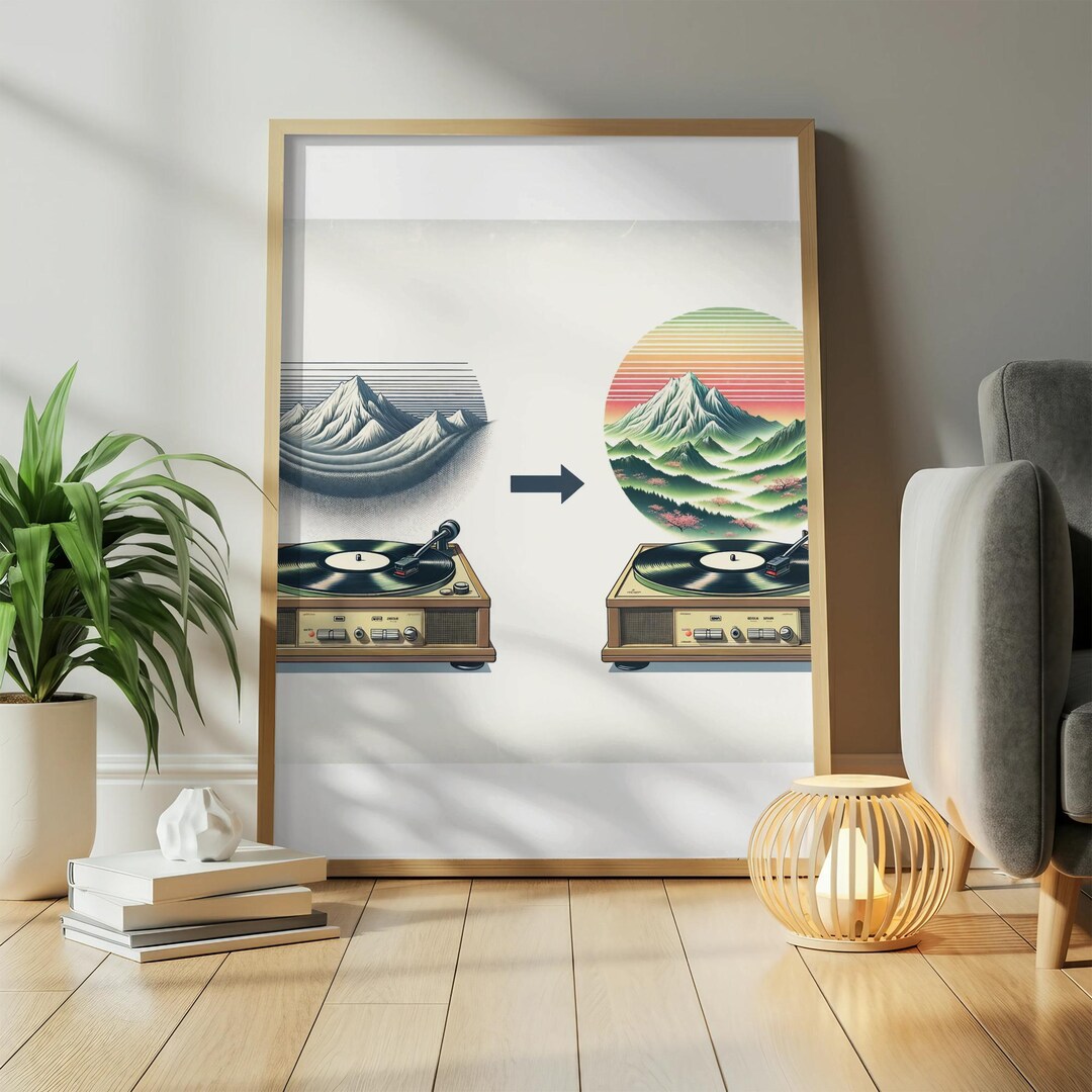 Vintage Vinyl Wall Art: Turntable and Mountain Sunset - Music Decor - Etsy