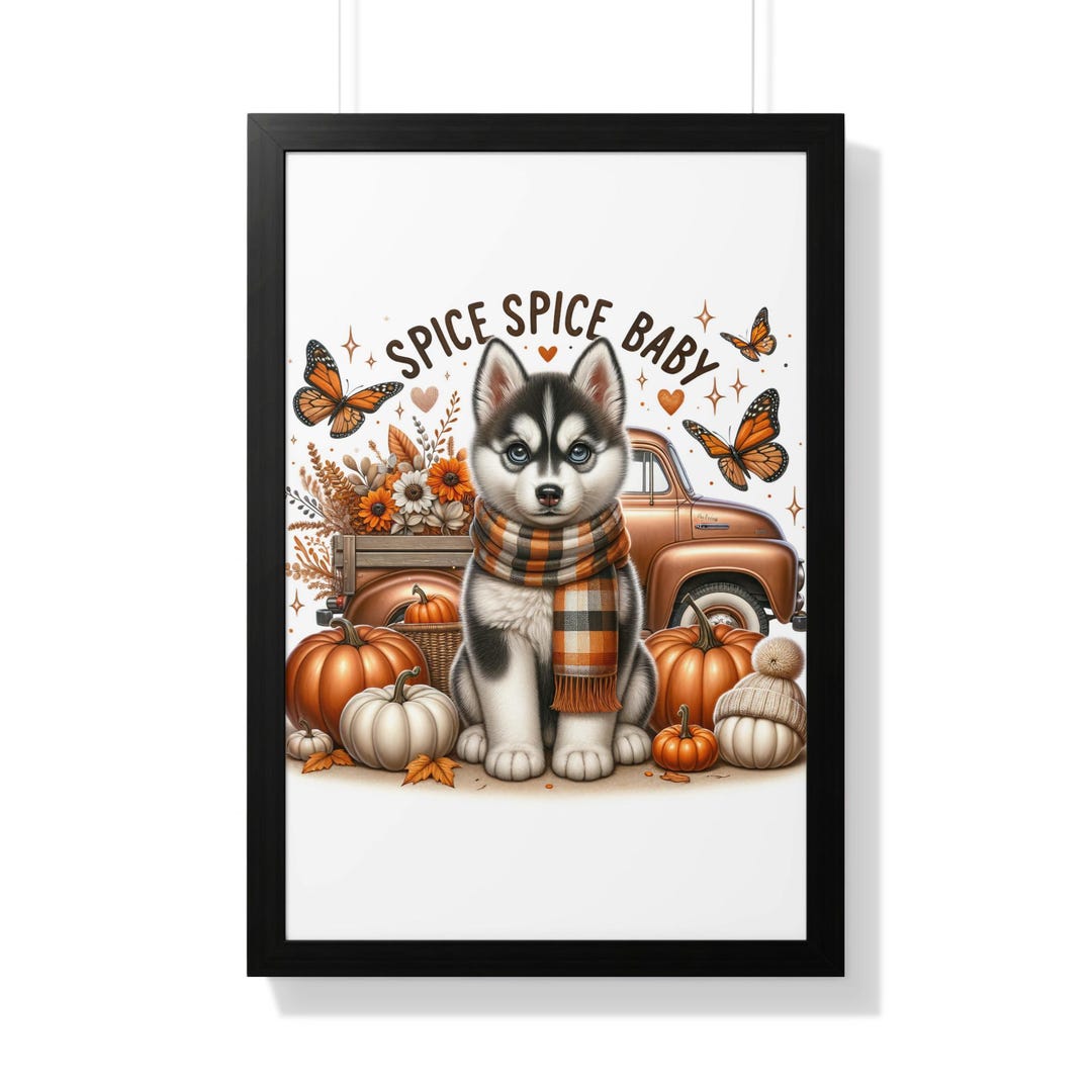Cozy Husky Puppy Art: Fall Scene With Pumpkin and Vintage Truck - Etsy