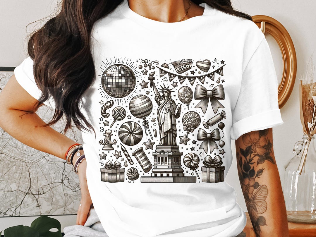 Statue of Liberty Art: Hand Drawn Celebration - Balloons and Confetti ...