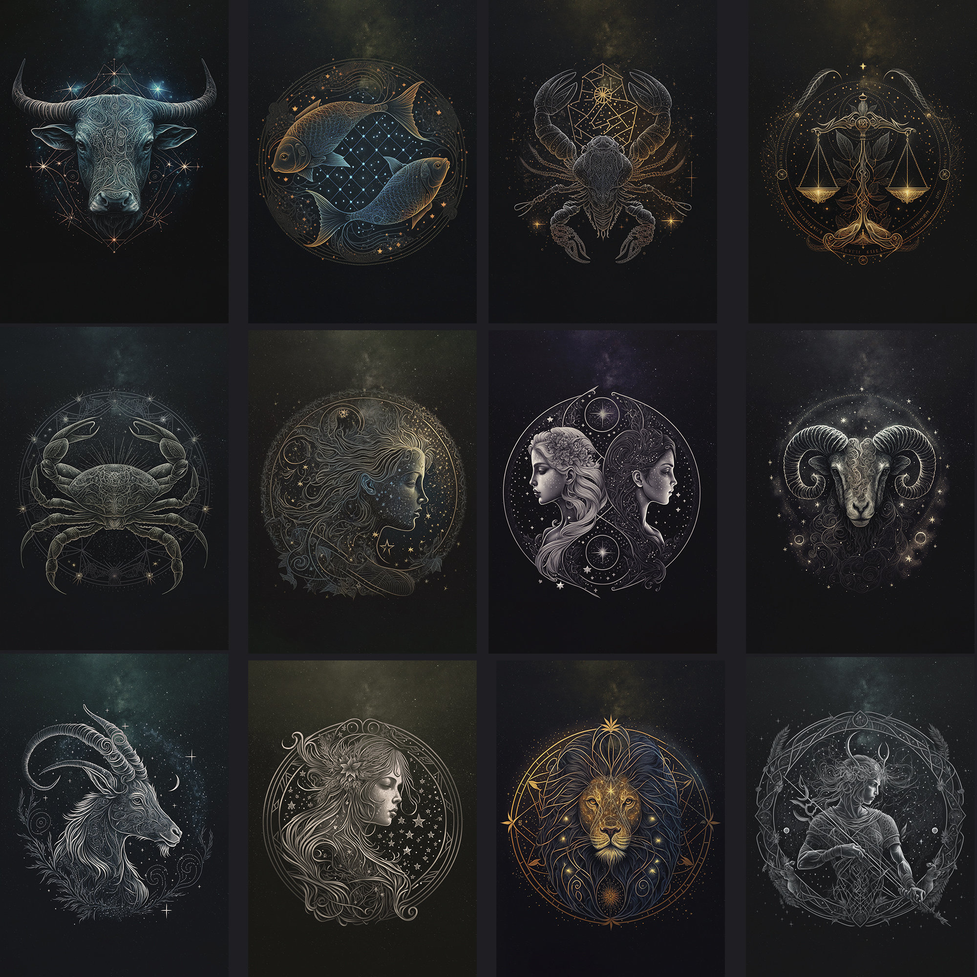 Zodiac Wall Art Set, 12 Printable Astrology Artworks Printable Zodiac ...