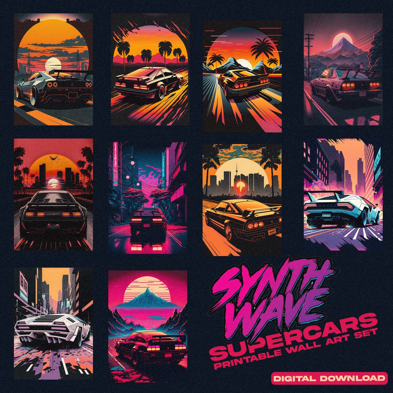 Synthwave Cars Poster Set | 10 Printable Outrun Wall Art | CYBERPUNK ...