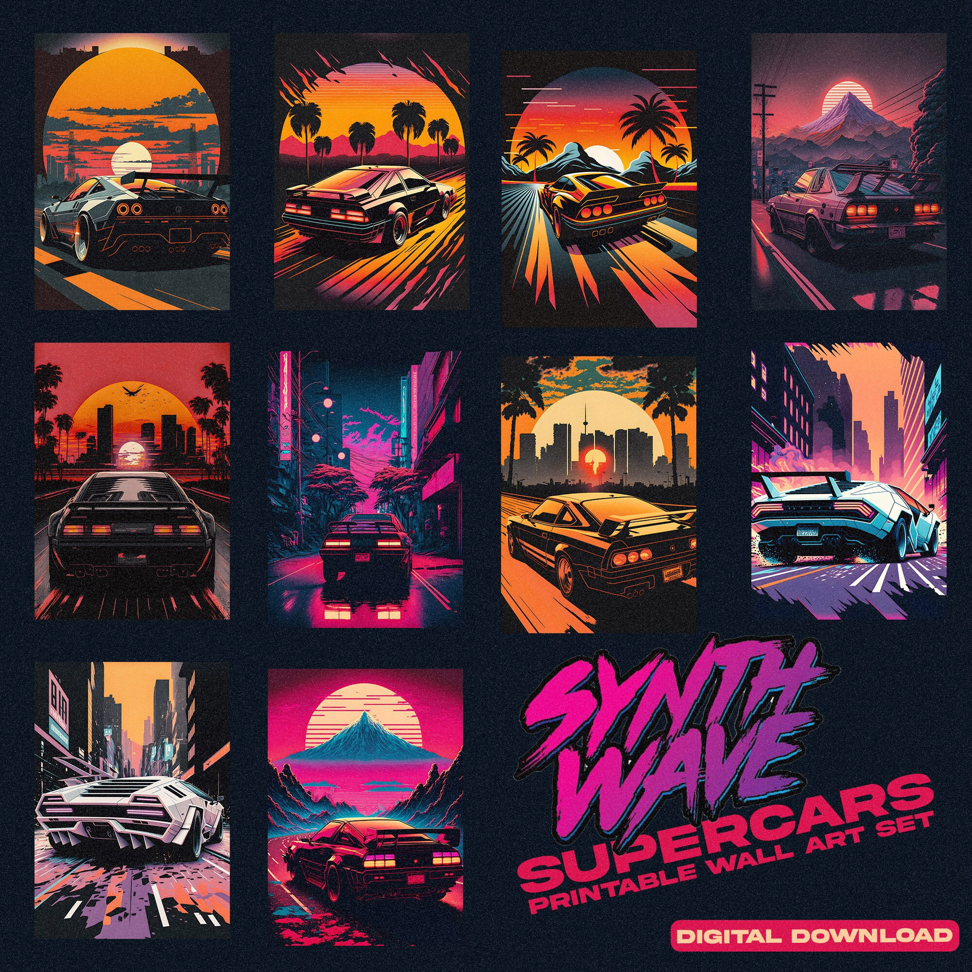 Synthwave Cars Poster Set | 10 Printable Outrun Wall Art | CYBERPUNK ...