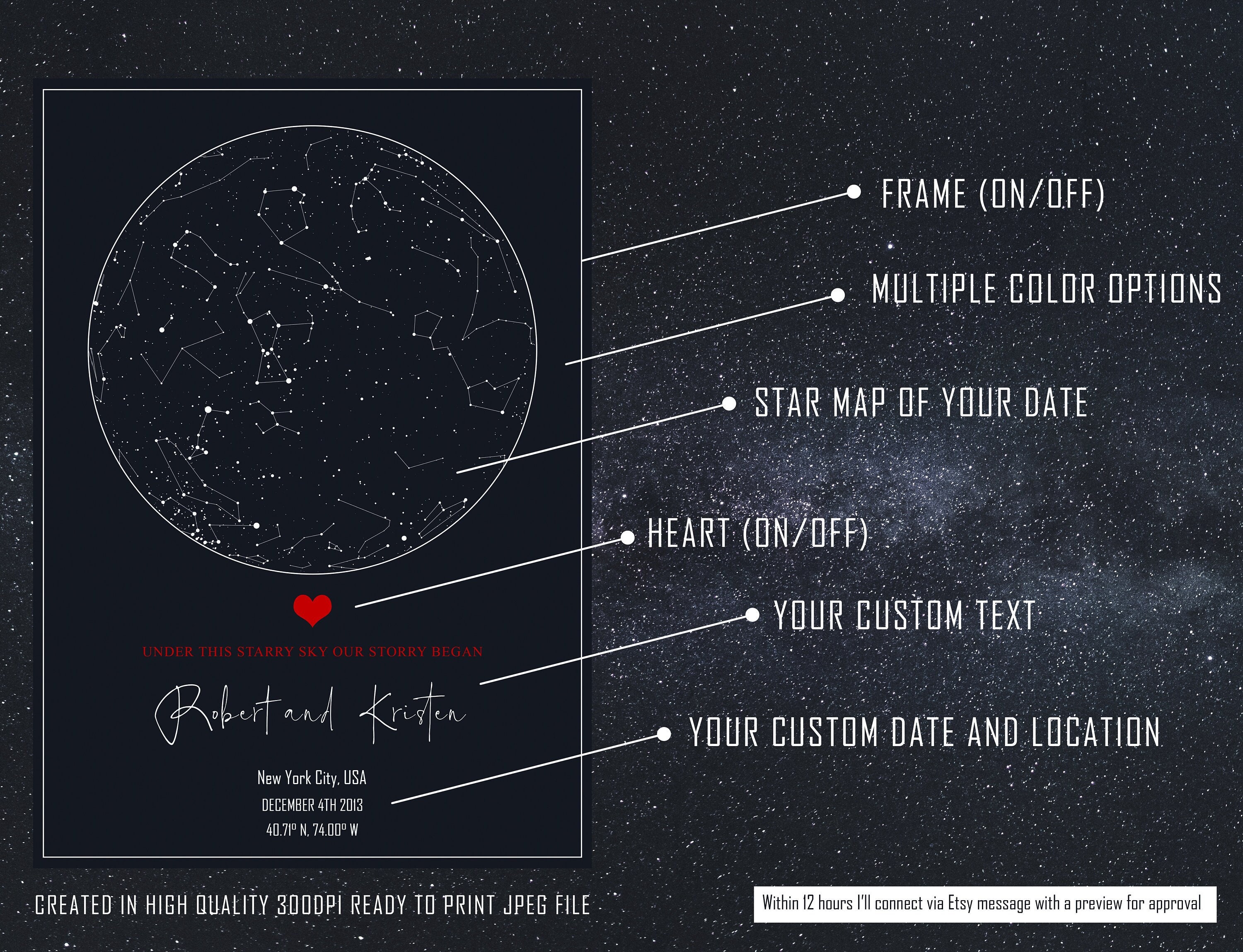 CUSTOM STAR MAP Night Sky Art Digital Download Personilized Star Map ...