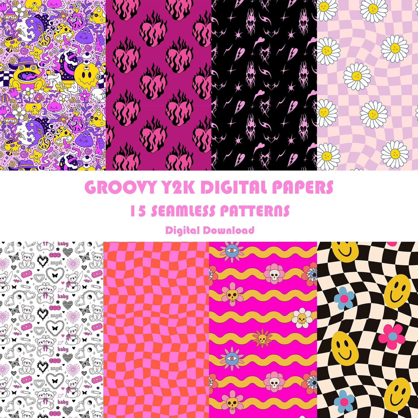 Retro Y2k Digital Papers | 15 Seamless Groovy Patterns Digital Download ...