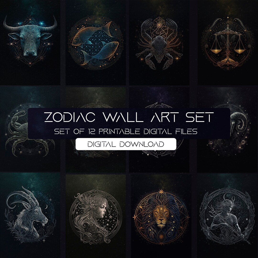 Zodiac Wall Art Set, 12 Printable Astrology Artworks | Printable Zodiac ...