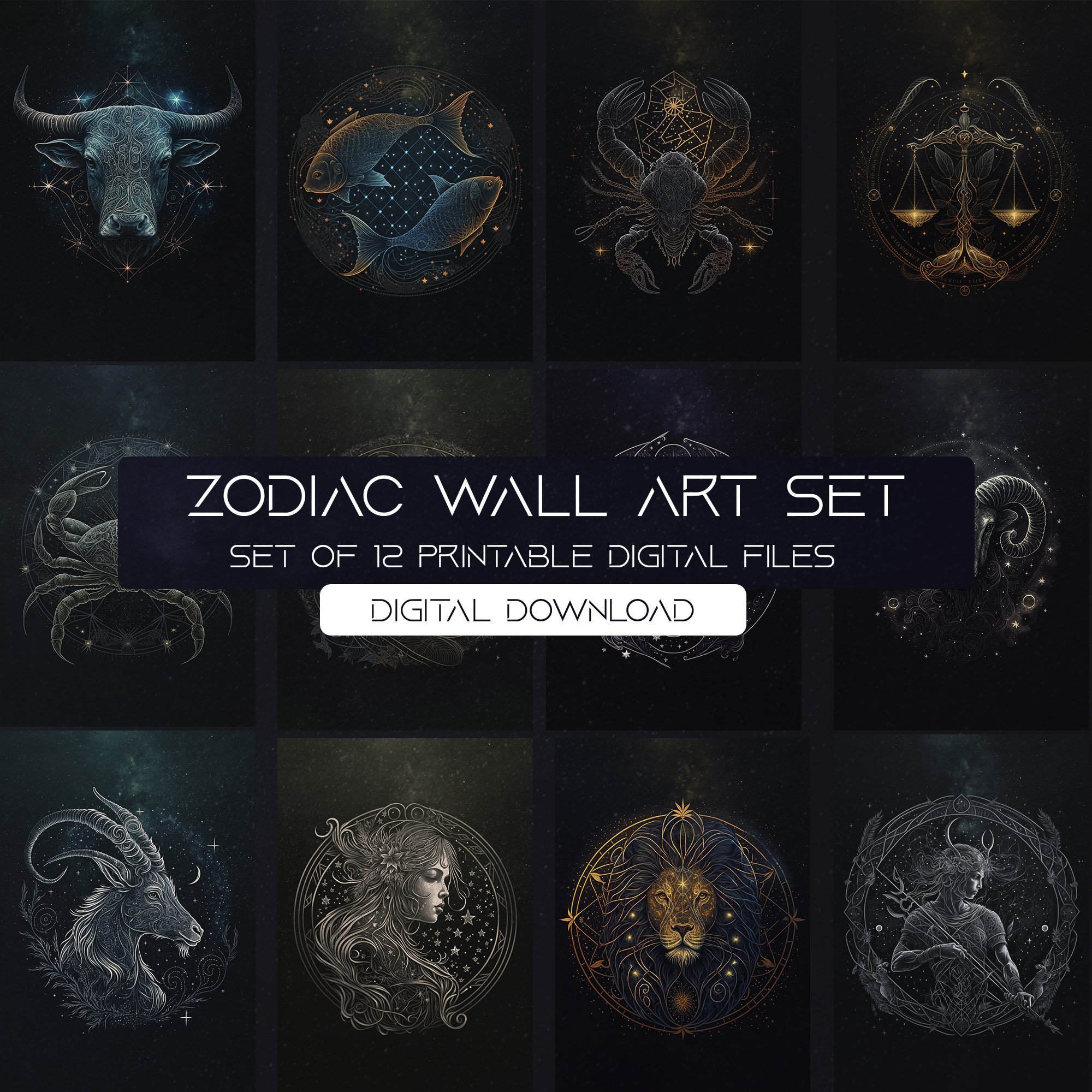 Zodiac Wall Art Set, 12 Printable Astrology Artworks | Printable Zodiac ...