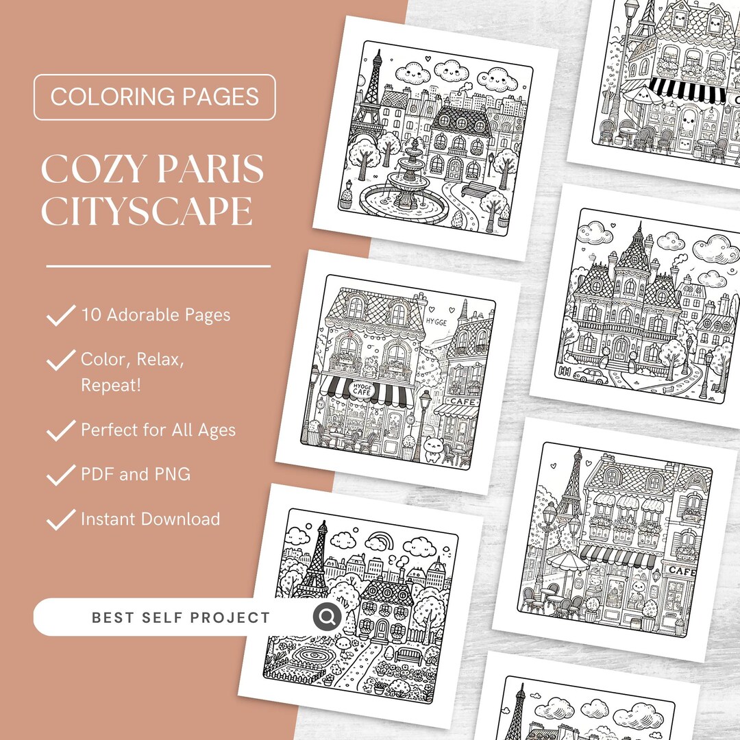 Cozy Paris Coloring Pages for Relaxing, Simple Coloring Book, Printable ...
