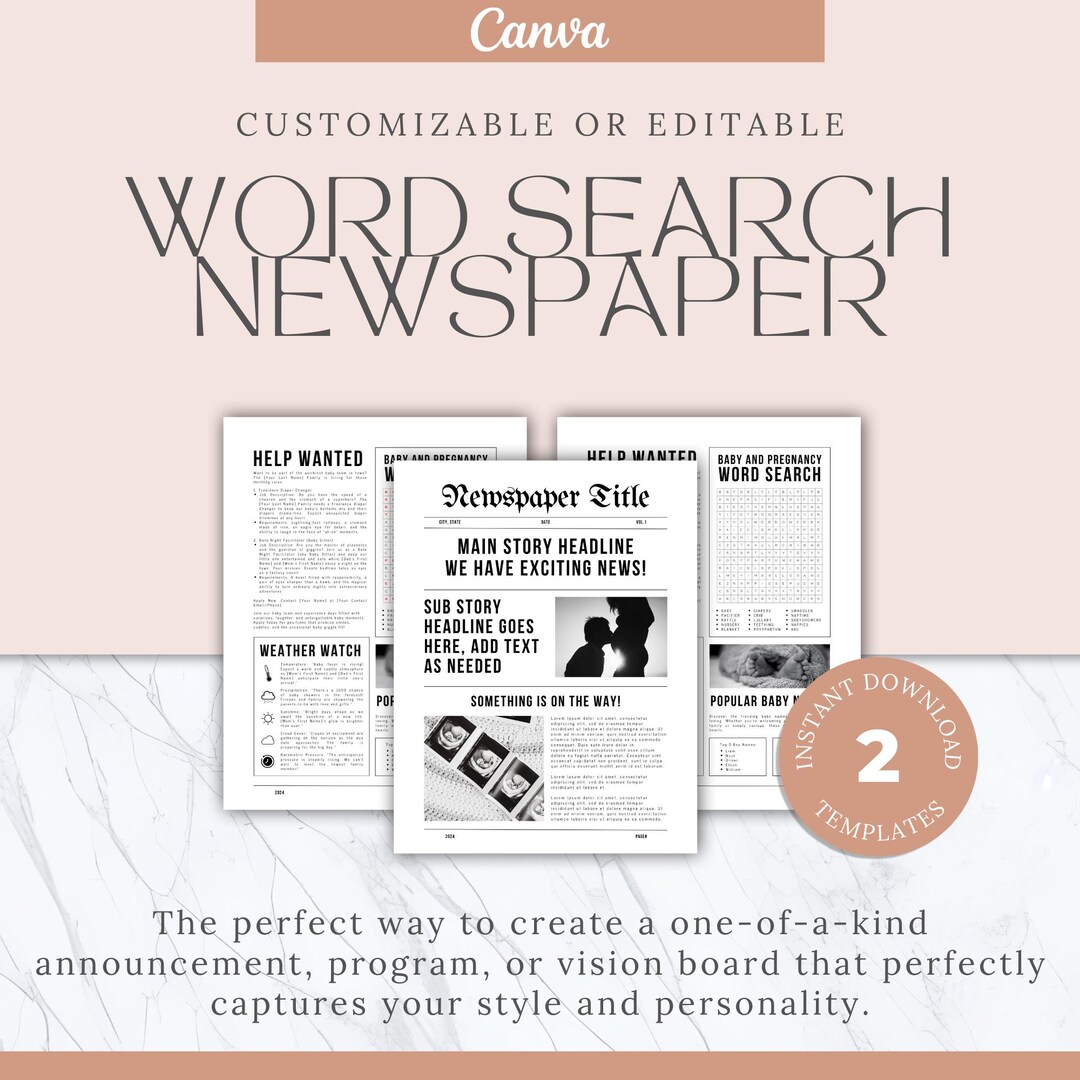 Editable Newspaper Canva Template Word Search Pregnancy Announcement ...