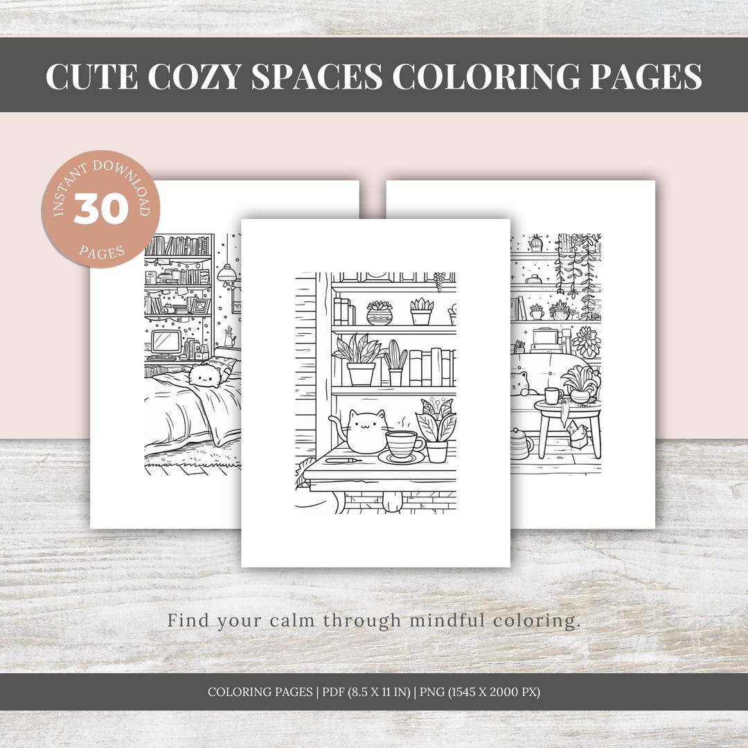 Cute Cozy Spaces Coloring Pages for Relaxing, Coloring Book, Printable ...