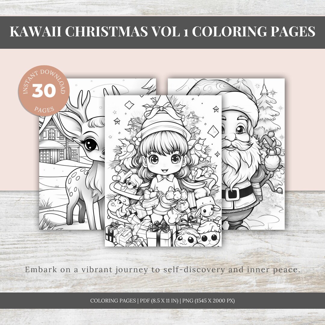 Kawaii Christmas Coloring Pages for Relaxing, Coloring Book, Printable ...