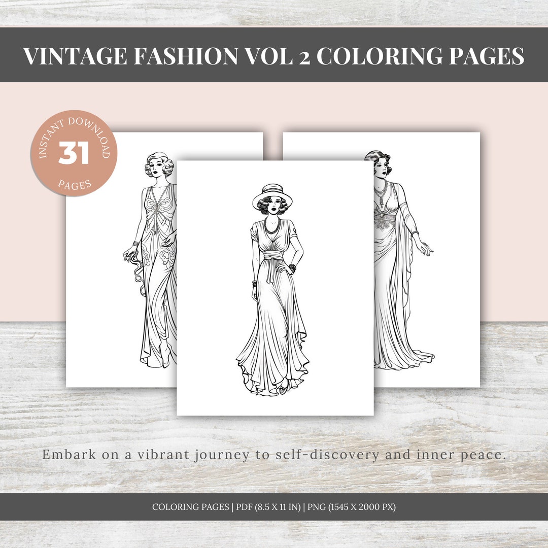 Vintage Fashion Coloring Pages for Relaxing, Coloring Book, Printable ...