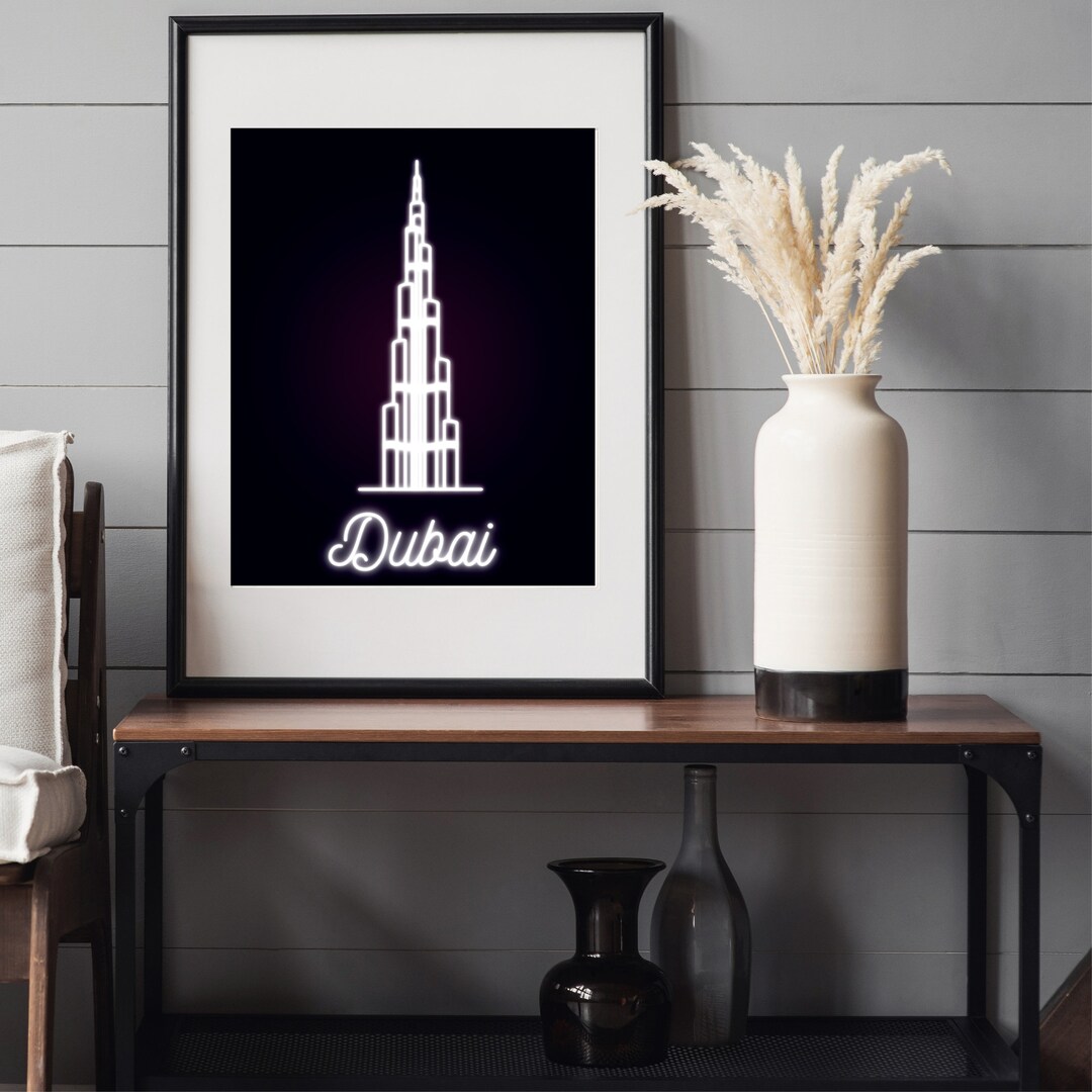 Dubai Neon Light Wall Art, Burj Khalifa, Travel Print, Travel Poster ...