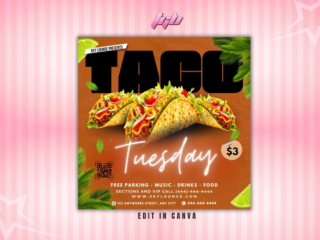 Taco Tuesday Flyer, Club Flyer Template for Canva, Event Flyer, Party ...