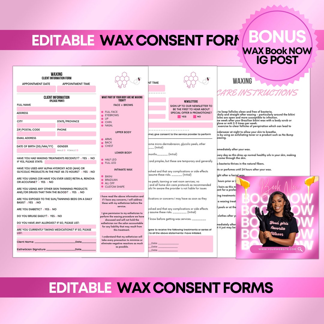Waxing Consent Forms, Waxing Client Intake, Esthetician Wax Form ...