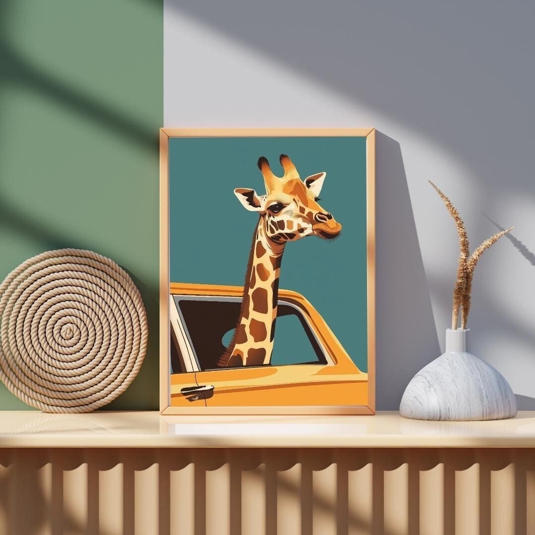 Giraffe in Car Poster – Playful Animal Print, Dopamine Decor (digital ...