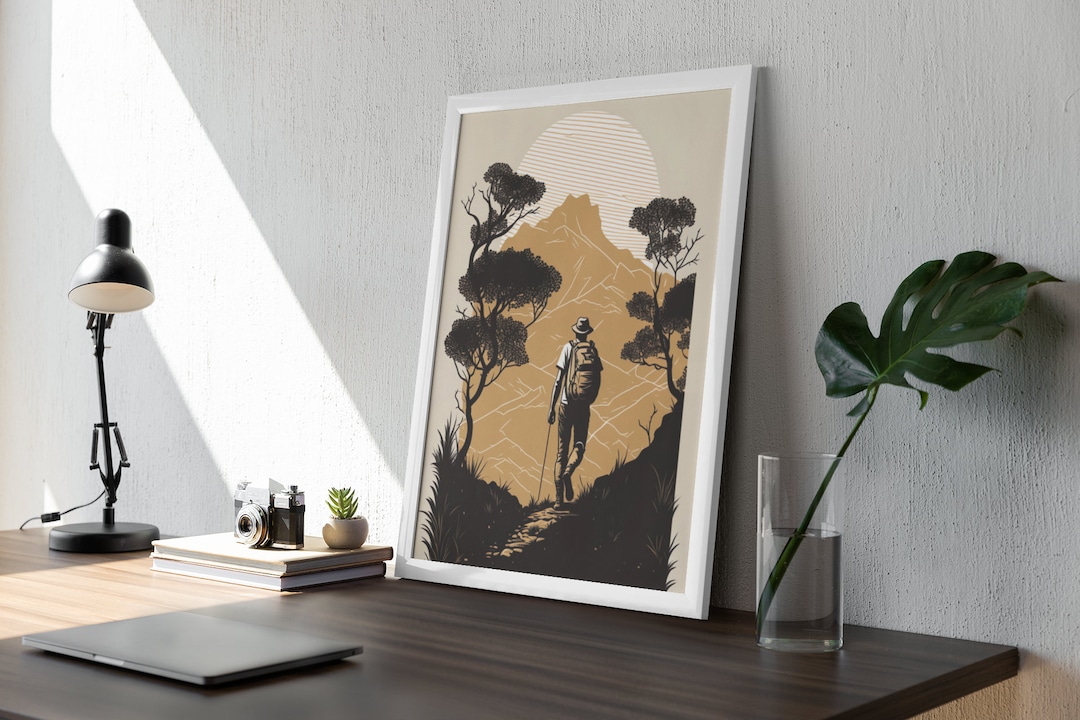 Minimalist Hiking Line Art Framed, Hiking Trail Print, Go Hiking Print ...