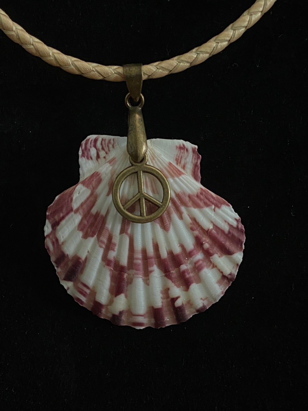 White & Maroon Seashell With Peace Charm on Tan Leather Cord Necklace ...