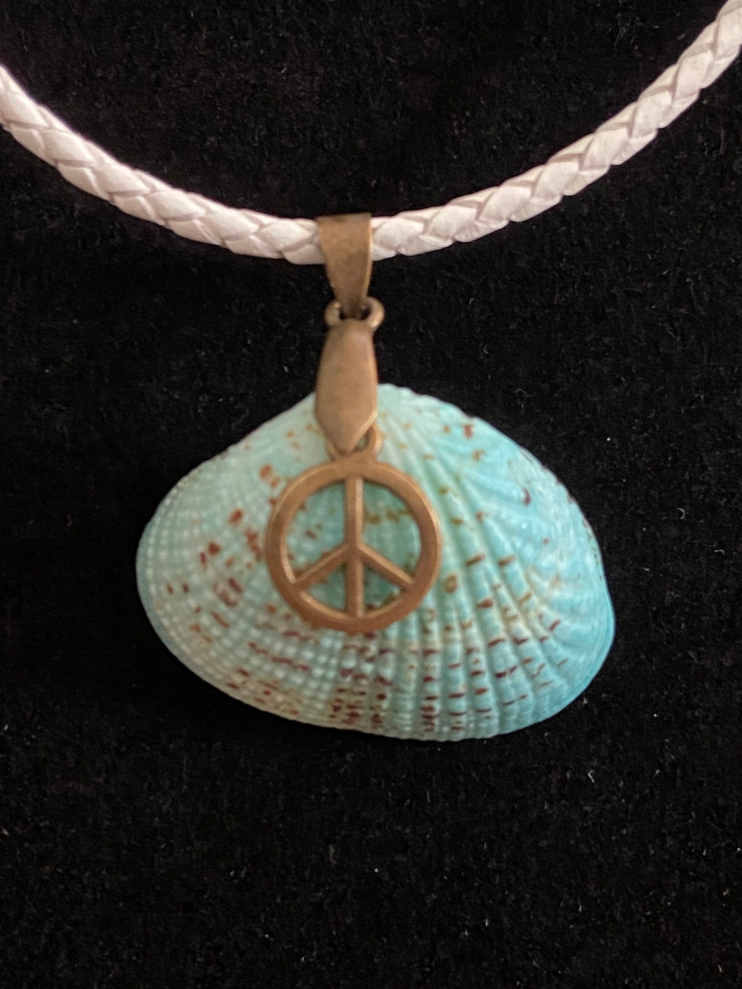 Aqua and Tan Seashell & White Leather Cord and Peace Charm Necklace 2 ...